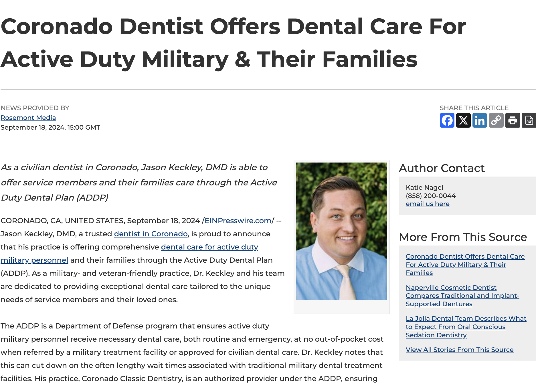 Coronado Dentist Offers Care for Active Duty Military